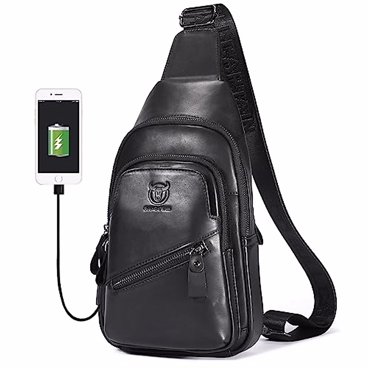 BULLCAPTAIN Leather Sling Chest Bag for Men Outdoor Hiking Travel Crossbody Bag Backpack with USB Charging Port (Black)