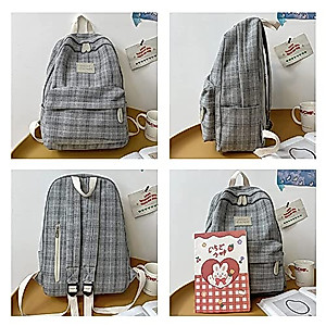 AONUOWE Light Academia Aesthetic Backpack Plaid Preppy Backpack Teen Girls Back to School Supplies Checkered Bookbags (Light Grey)