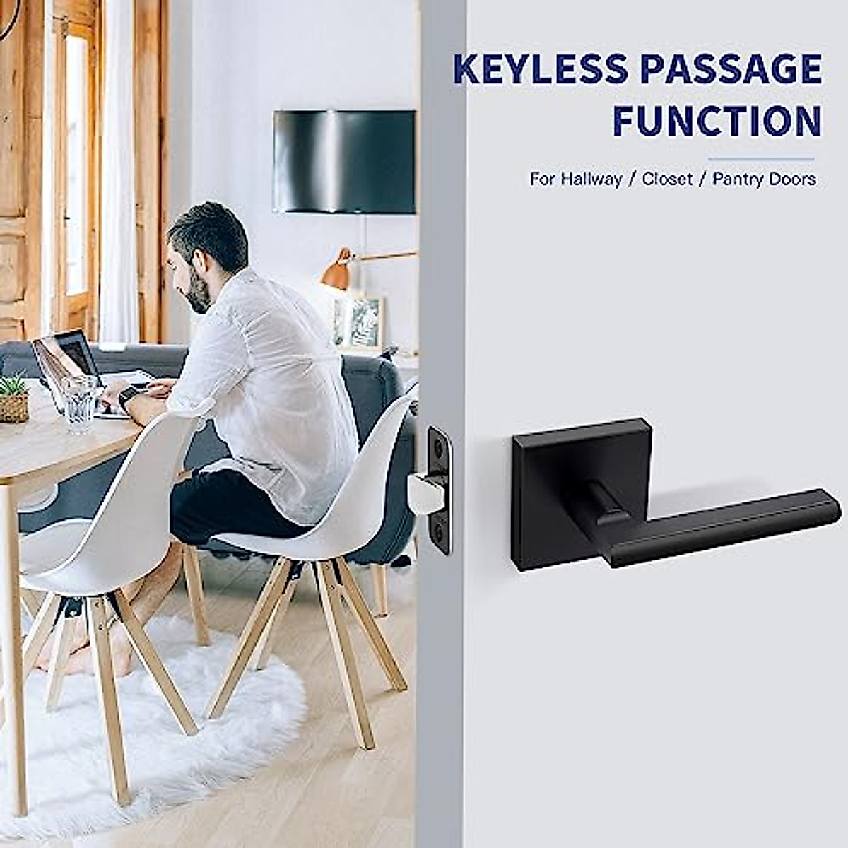 LOQRON Passage Door Lever Heavy Duty Keyless Door Handle Square Non-Locking Door Lock Matte Black Finish Reversible for Hall Closet Door