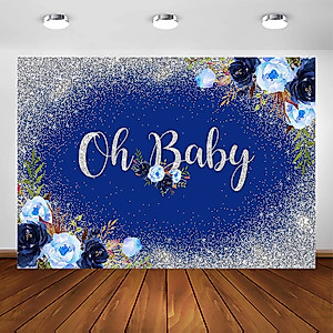 Avezano Navy Blue and Silver Baby Shower Backdrop for Boy Baby Shower Party Decorations Photography Background Glitter Silver Navy Blue Floral Oh Baby Party Decorations Backdrops (7x5ft)
