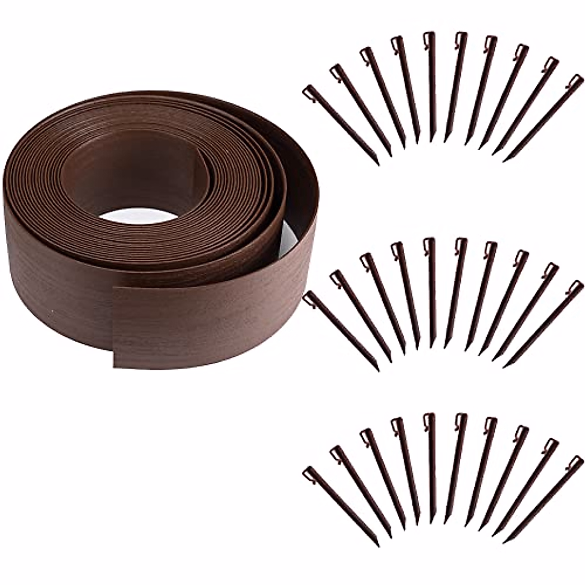 AGTEK 60FT Plastic Landscape Edging Coil Kit 4in. High Terrace Board Garden Edging Border Lawn Edging Roll for Flower Bed Lawn Yard, Black with 30 Spikes,3mm Thin, Brown
