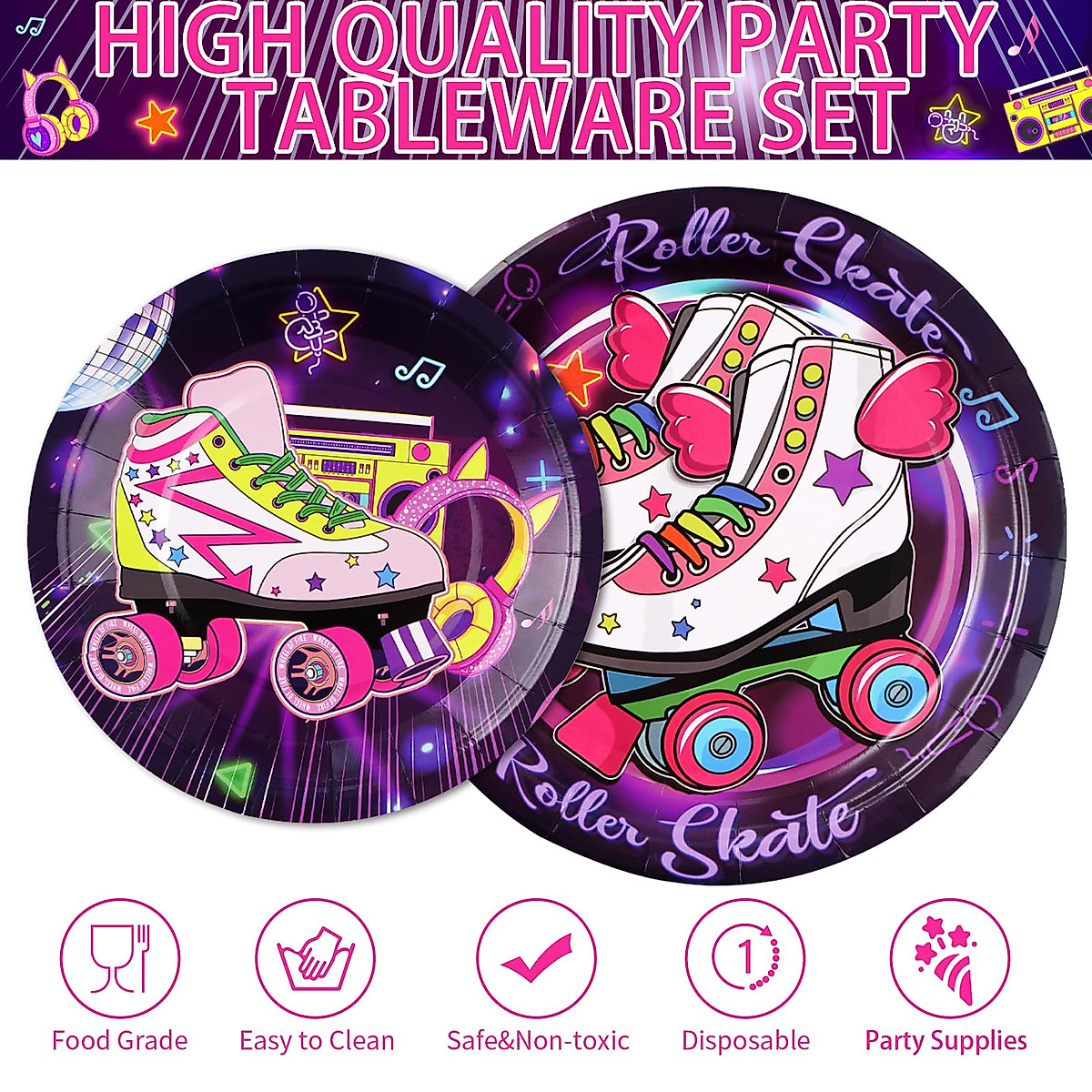 96Pcs Roller Skating Party Supplies Retro Roller Skate Plates Napkins Forks, Roller Skate Party Decorations for Girls Teens Birthday, Roller Skate Theme Party, Serve 24