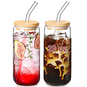20 OZ Glass Cups with Bamboo Lids and Glass Straw - Beer Can Shaped Drinking Glasses Set, Iced Coffee Glasses, Cute Tumbler Cup for Smoothie, Boba Tea, Whiskey, Water, Gift - 2 Pack