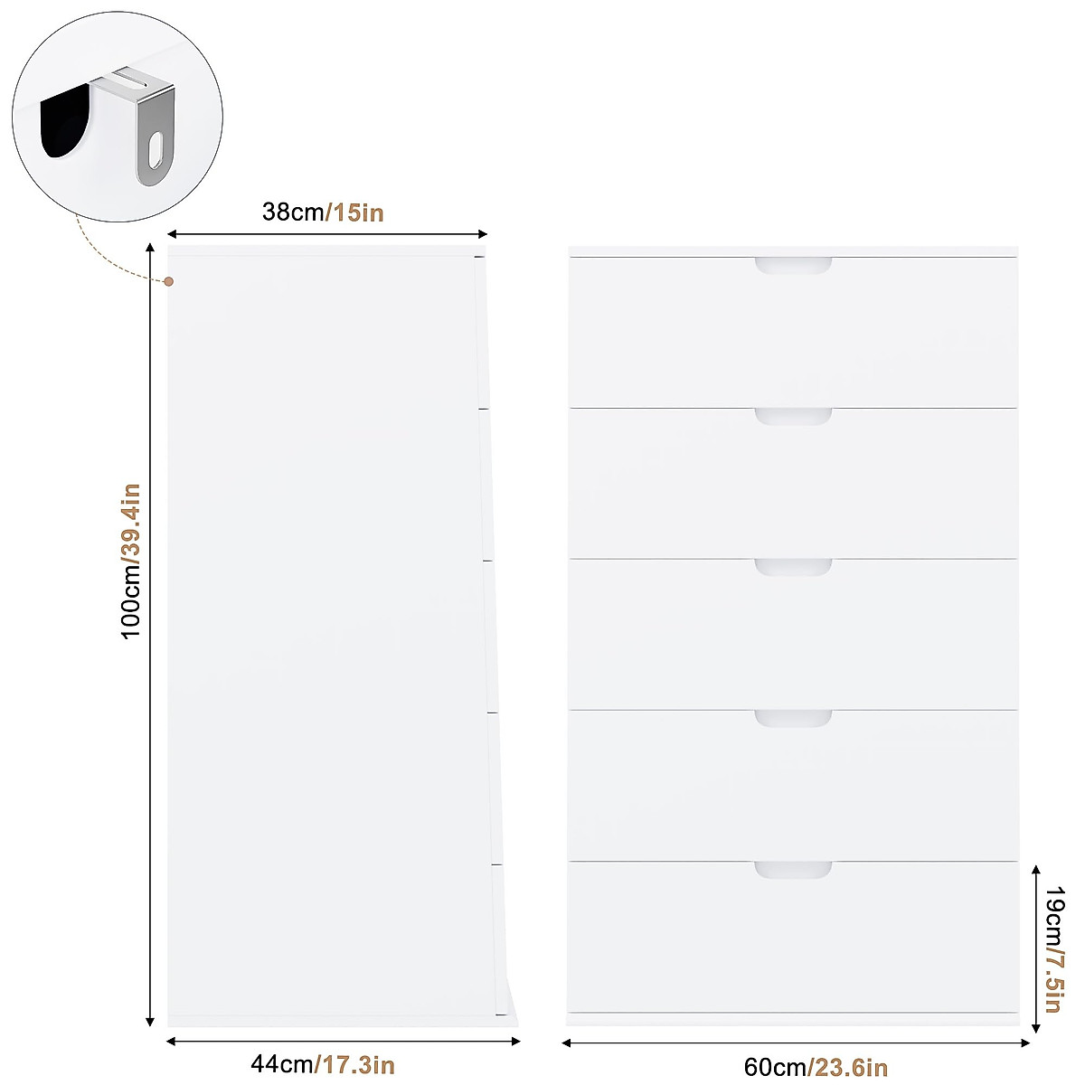 FOTOSOK 5 Drawer Dresser, White Dresser Modern Dresser Wood Chest of Drawers with Closed Cut-Out Handles, 23.6L x 17.3W x 39.4H Inch Tall White Dresser for Home Office