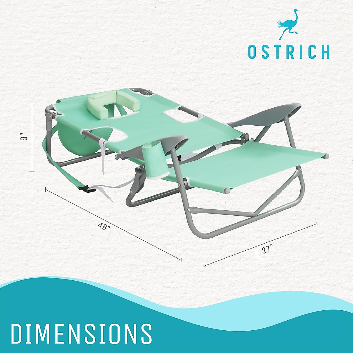 Ostrich On Your Back Backpack Beach Chair with Face Hole - Adjustable, Portable Lounge Chair with Cup Holder, Face Opening - Heavy Duty, Lay Flat Tanning Chair for Face Down Reading For Adults (Teal)