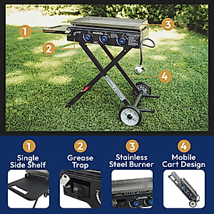 Razor Griddle Portable 3-Burner 30,000 BTU Gas Flattop Grill & Griddle Combo with 25" x 16" Cooking Surface Area, Foldable Cart & Side Shelf, Black
