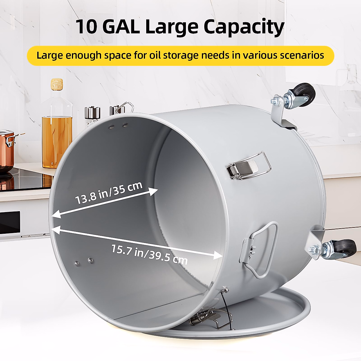 PioneerWorks Fryer Grease Bucket 10 Gal, Coated Carbon Steel Oil Filter Pot with Caster Base, Oil Disposal Caddy, Transport Container with Lid Lock Clip Nylon Filter Bag, Silver