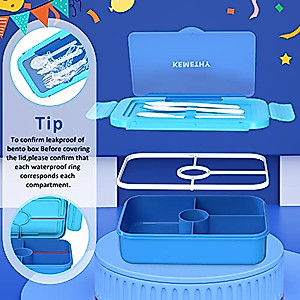 Bento Lunch Box for Kids, 4 Compartment Lunch Boxes Kids, Cutlery Storage Built-in Utensil Set, Leak-proof, Thicken, Microwave/Dishwasher/Freezer Safe, BPA-Free, Blue