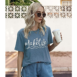 Dapiaoliang Lake Life Shirts for Women Funny Vacation Graphic Tee Casual Summer Short Sleeve Blouses Round Neck Loose Tunic Top Ink Blue, Small