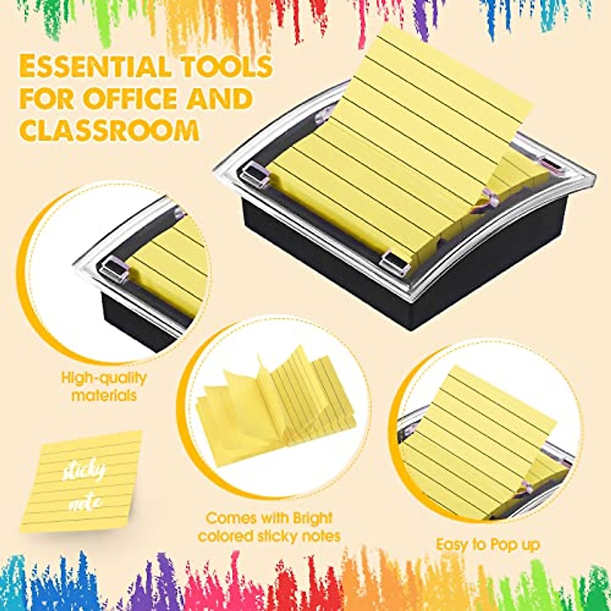 10 Pads Lined Post Notes with Pop up Sticky Note Dispenser Holder 3x3 Inch Clear Top Black Base, Self Stick Notes with Lines Adhesive Ruled Memo Pads Refills, 100 Sheets/pad