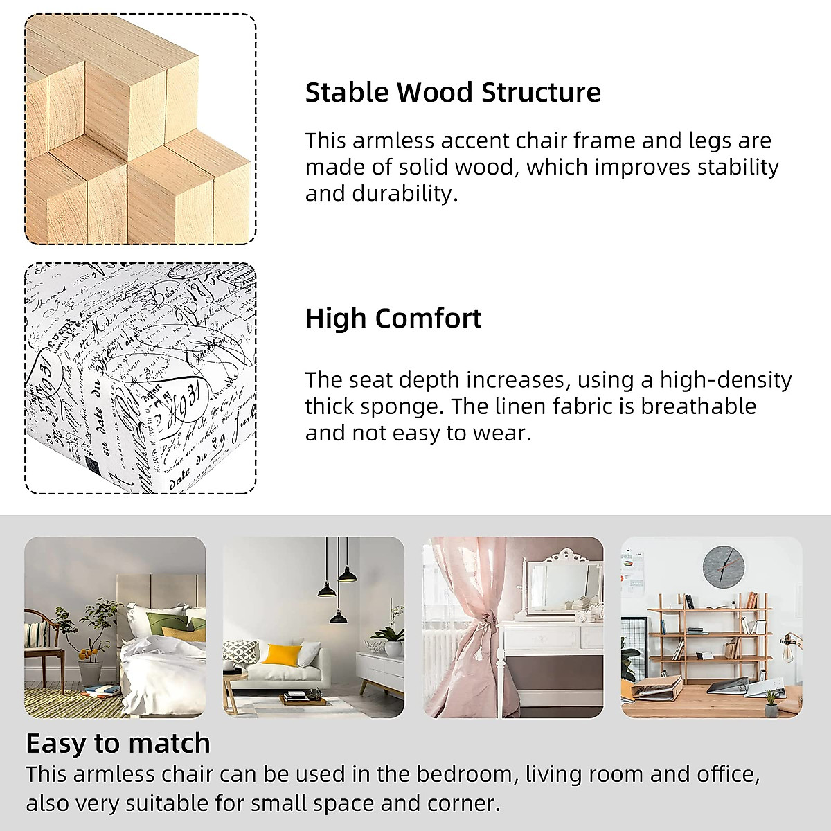 STHOUYN Modern Fabric Armless Accent Chair Set of 2 Decorative Slipper Chair Vanity Chair for Bedroom Desk, Corner Side Chair Living Room Furniture English Letter Print White