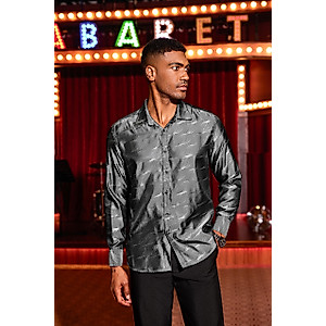 COOFANDY Men's Luxury Dress Shirt Long Sleeve Slim Fit Satin Like Shirt Wedding Party Button Down Shirts Grey