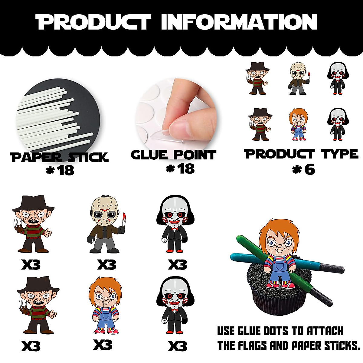 18pcs Glitter Fantasy Horror Manga Dessert Cupcake Topper Halloween Ghost Theme Decor Supplies Boys Girls Happy Birthday Party Decorations