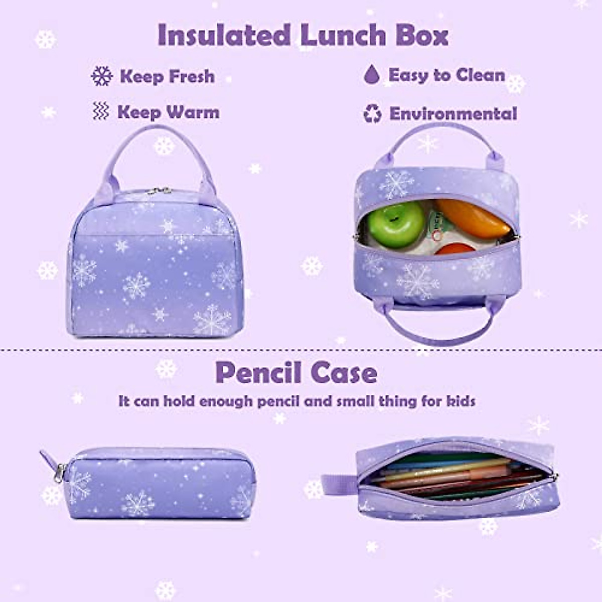 Princess Backpacks for Elementary School Girls, 3 in 1 Purple Schoolbag Set with Lunch Box Pencil Pouch Cute Bookbag with Chest Strap for Toddler Preschool Kindergarten Elementary Kids Girls