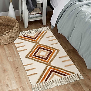 Uphome Small Bathroom Rug 2'x3' Hand-Woven Washable Front Entryway Rug with Tassels, Beige Soft Cotton Diamond Tufted Kitchen Mat Colorful Farmhouse Geometric Throw Rug for Bedroom Foyer Laundry