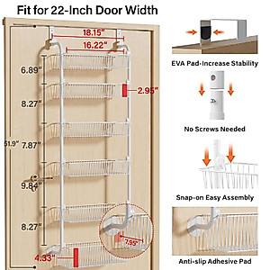 Over the Door Pantry Organizer, W17.5inch Wider Metal Over the Door Organizer, 6-Tier Pantry Door Organizer Spice Rack for Easy Install, 60 LBS Load Over the Door Storage, L17.5W6.7H53.7inch, White