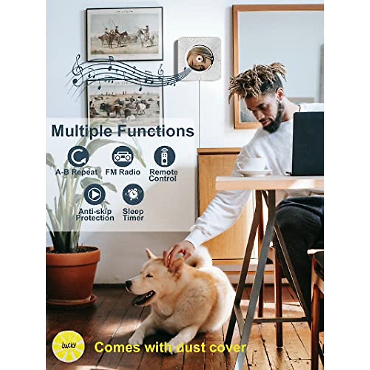 Wall Mountable CD Player - Homlab Bluetooth Desktop CD Player with Speakers, Dust Cover, FM Radio, Anti-Skip Protection, Portable Music Player Home Audio Boombox with LCD Display, Remote, Aux Input