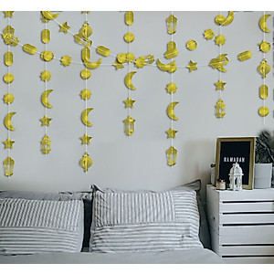 JKQ 4 Strings Gold Ramadan Mubarak Hanging Decorations Moon Star Lantern Muslim Ramadan Kareem Streamer Garlands Islamic Eid Mubarak Festival Celebration Wedding Birthday Party Ceiling Decorations