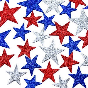 TKEJZu 200 Pcs Patriotic Foam Stickers Glitter Star Stickers Self-Adhesive Star Shaped Wall Stickers for 4th of July Decor Kid's Arts Craft Supplies Greeting Cards Homemade Crafts Red Blue Silver