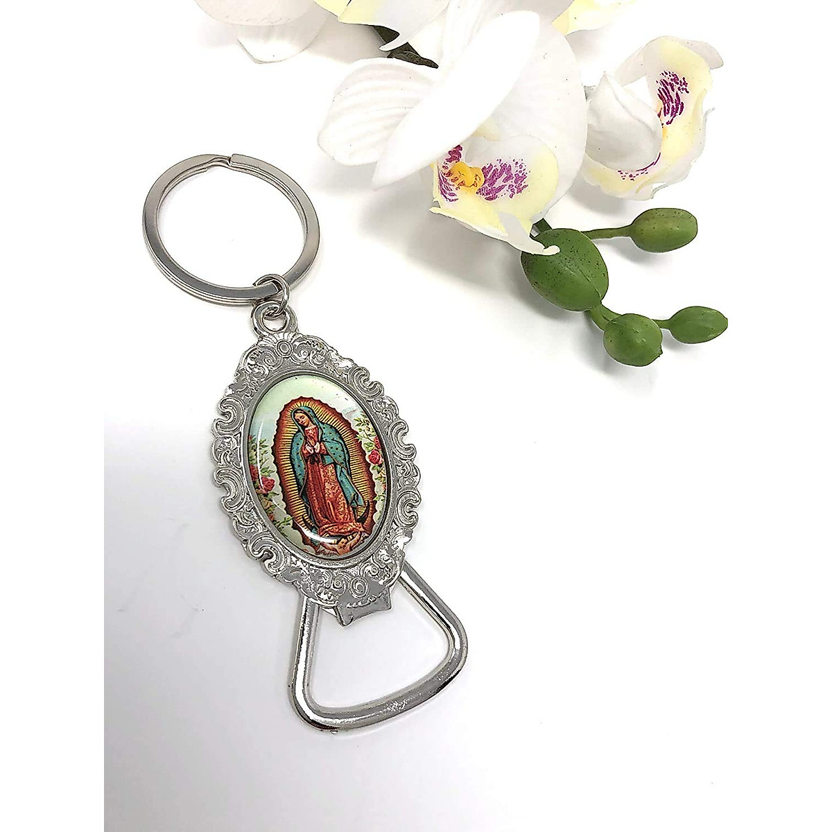 Virgen de Guadalupe Bottle Opener Keychain Baptism Party Favors Bautizo First Communion Memory Gift Silver Keychains With Bottle Opener/Recuerdos De Mi Bautizo/Primera Comunion Nuestra - 12PCS