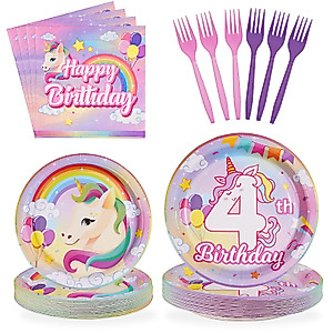 96 Pcs Unicorn 4th Birthday Party Decorations 350 GSM Disposable Rainbow Unicorn Plates and Napkins Tableware Set for Girls Unicorn Themed 4th Birthday Party Baby Shower Supplies Decorations Serves 24