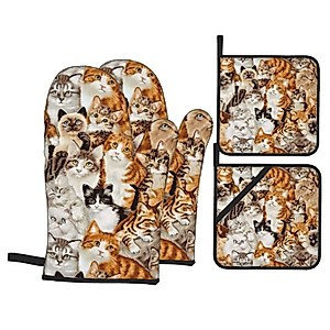 Cute Cat Oven Mitts and Pot Holders Sets, Non-Slip Heat Resistant Gloves Potholders Pot Pads for Kitchen Cooking Baking Grilling BBQ(4-Piece Set)
