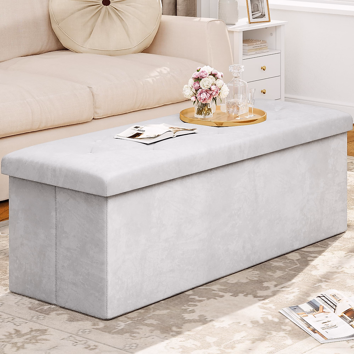 YITAHOME 43 Inches Folding 120L Storage Ottoman Bench, Velvet Footrest with 35mm high Elasticity Sponge seat and Metal Frame for Sturdiness- Holds Upto 680 Lbs (Grey)