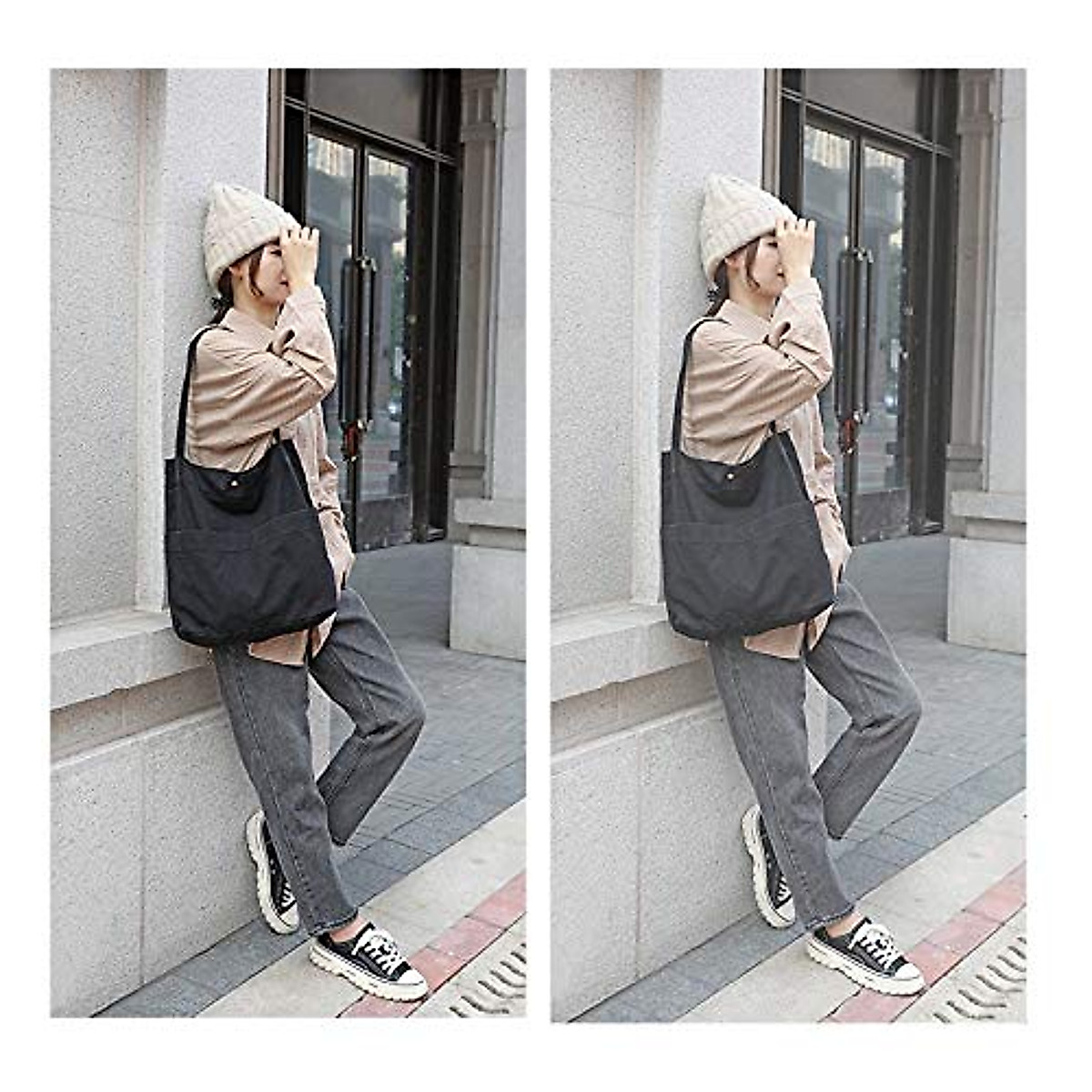 Jeelow Washed Canvas Market Tote Handbag Shoulder Bucket Bag Purse With Pockets For Men & Women