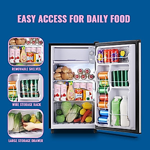 WANAI 3.2 Cu.Ft Mini Fridge with Freezer, Single Door Small Compact Refrigerator with 5 Adjustable Thermostat, LED Light, 3 Removable Shelves for Office, Dorm, Bedroom, Apartment, Kitchen Silver