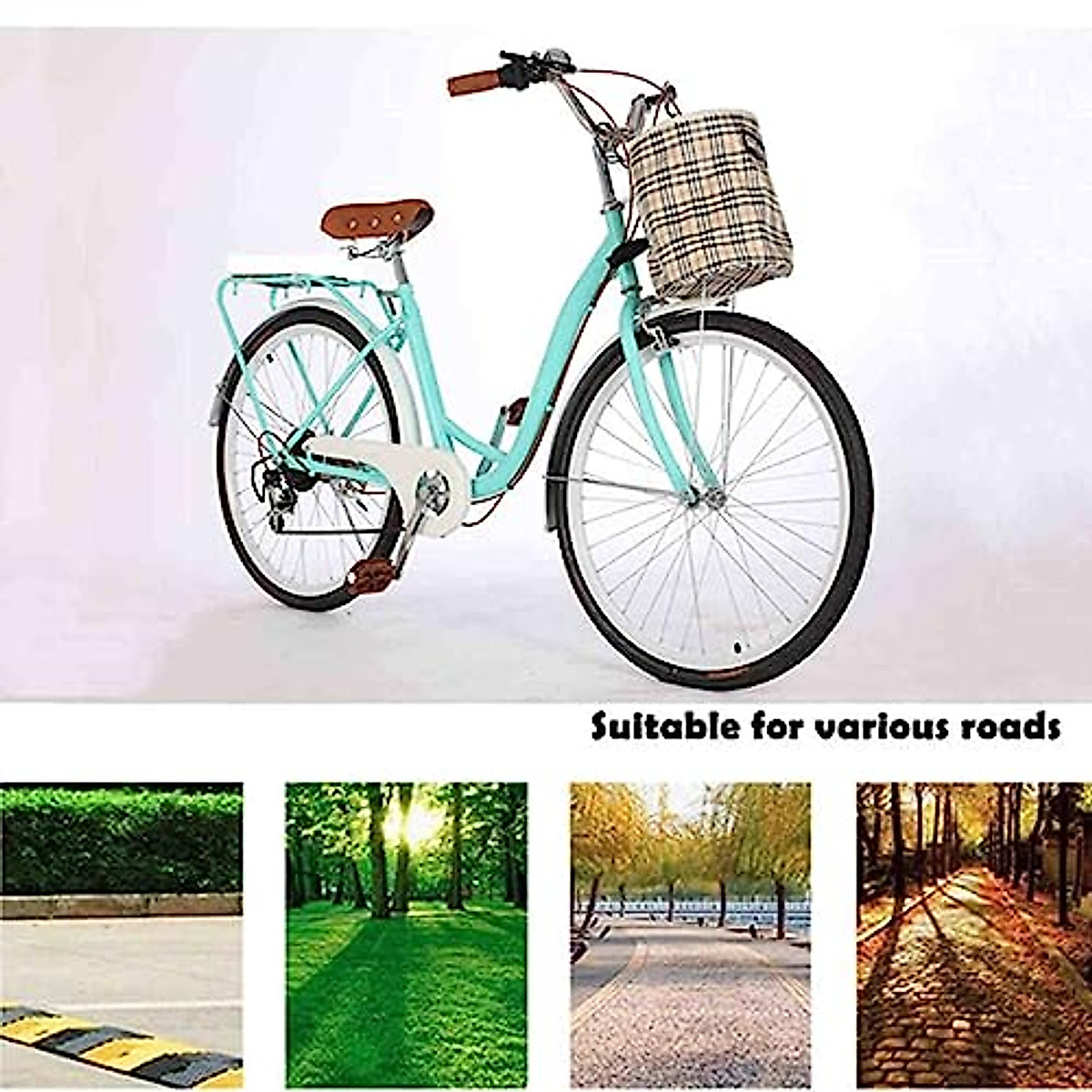 Gmlmes Beach Cruiser Bike, Multiple Speed Bicycle 26 Inch Commuter Bicycle High-Carbon Steel Frame, Front Basket & Rear Racks Retro Bicycle Road Bikes (Black)