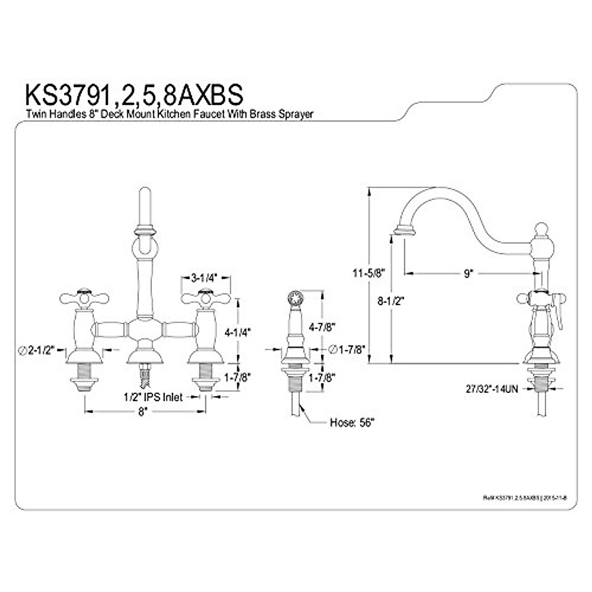 Kingston Brass KS3792AXBS Restoration Bridge Kitchen Faucet, 9", Polished Brass