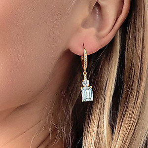 Gem Stone King 18K Yellow Gold Plated Silver Sky Blue Simulated Aquamarine and White Topaz Dangle Earrings For Women (5.26 Cttw, Gemstone Birthstone, Octagon 9X7MM)