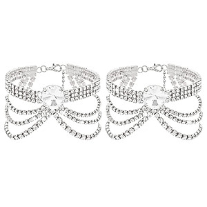 ELABEST Rhinestone Ankle Bracelets Crystal Tassel Anklet 2pcs Boho High-heeled Tennis Foot Chain Wedding Jewelry Accessories for Women (Silver)