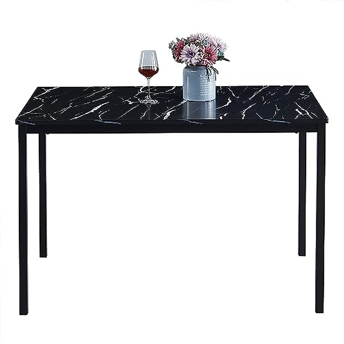 PEITAIKO 47.2" Rectangular MDF Dining Table/Mid Century Modern Metal Legs Kitchen Table (Imitation Marble) (MDF Board+Metal, Black Marble Effect)