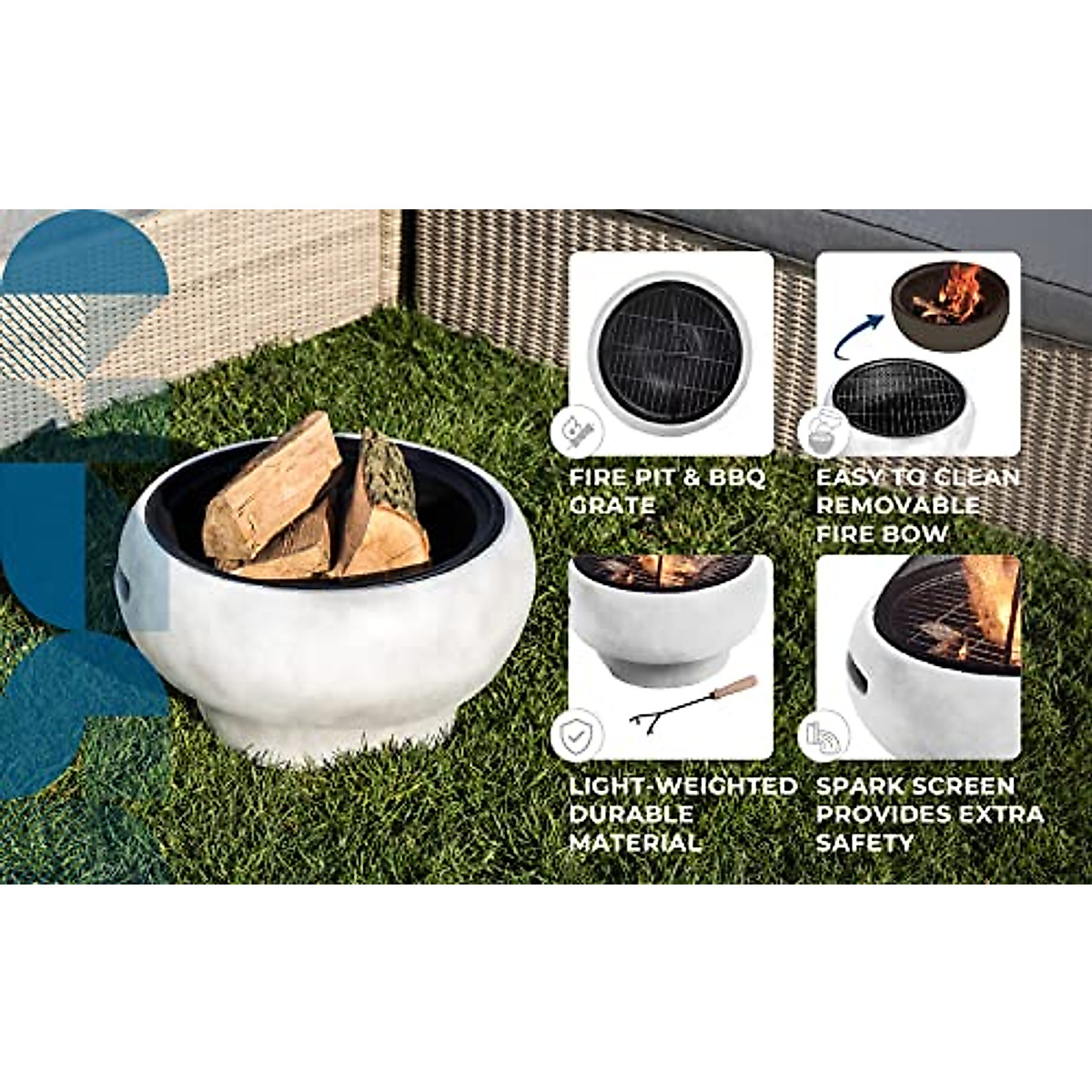 Teamson Home MGO Light Concrete Round Charcoal and Wood Burning Fire Pit for Outdoor Patio Garden Backyard with Spark Screen, Fireplace Poker, Grate, and BBQ Grill, Light Gray