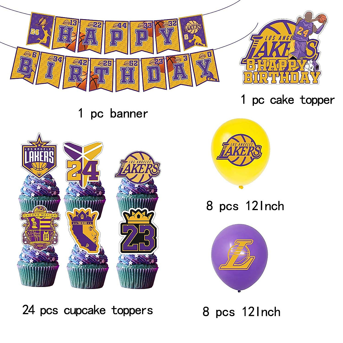 𝓛𝓪𝓴𝓮𝓻𝓼 Kobe Birthday Party Decorations 23 Basketball Party Supplies Includes Cake Cupcake Toppers Balloons Banner for Men Girls Boys