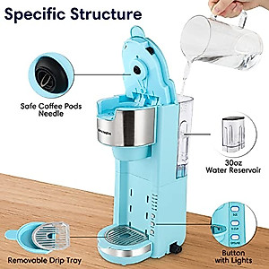 Single Serve Coffee Maker with Milk Frother, 2-In-1 Cappuccino Coffee Machine for K Cup Pod and Ground Coffee, Single Cup Brewer Compact Latte Maker with 30 oz Removable Tank, Blue