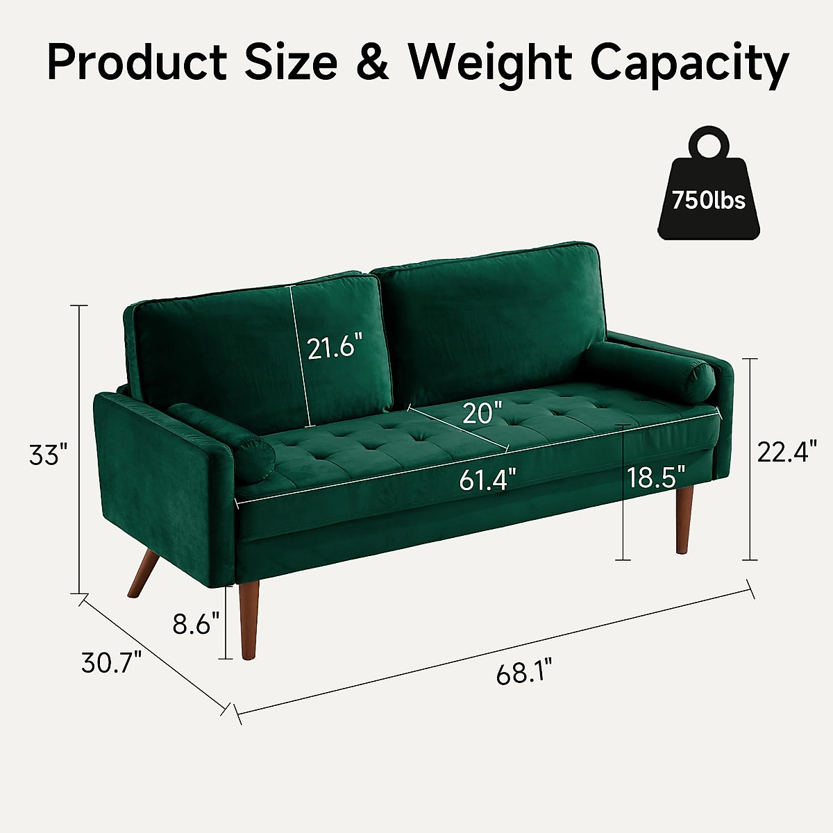 ONBRILL Loveseat Sofa 68", Mid Century Modern Sofas Couches for Living Room,Green Velvet Couch for Small Spaces, Solid Wooden Frame, Back Cushions and Tapered Wood Legs Easy to Install