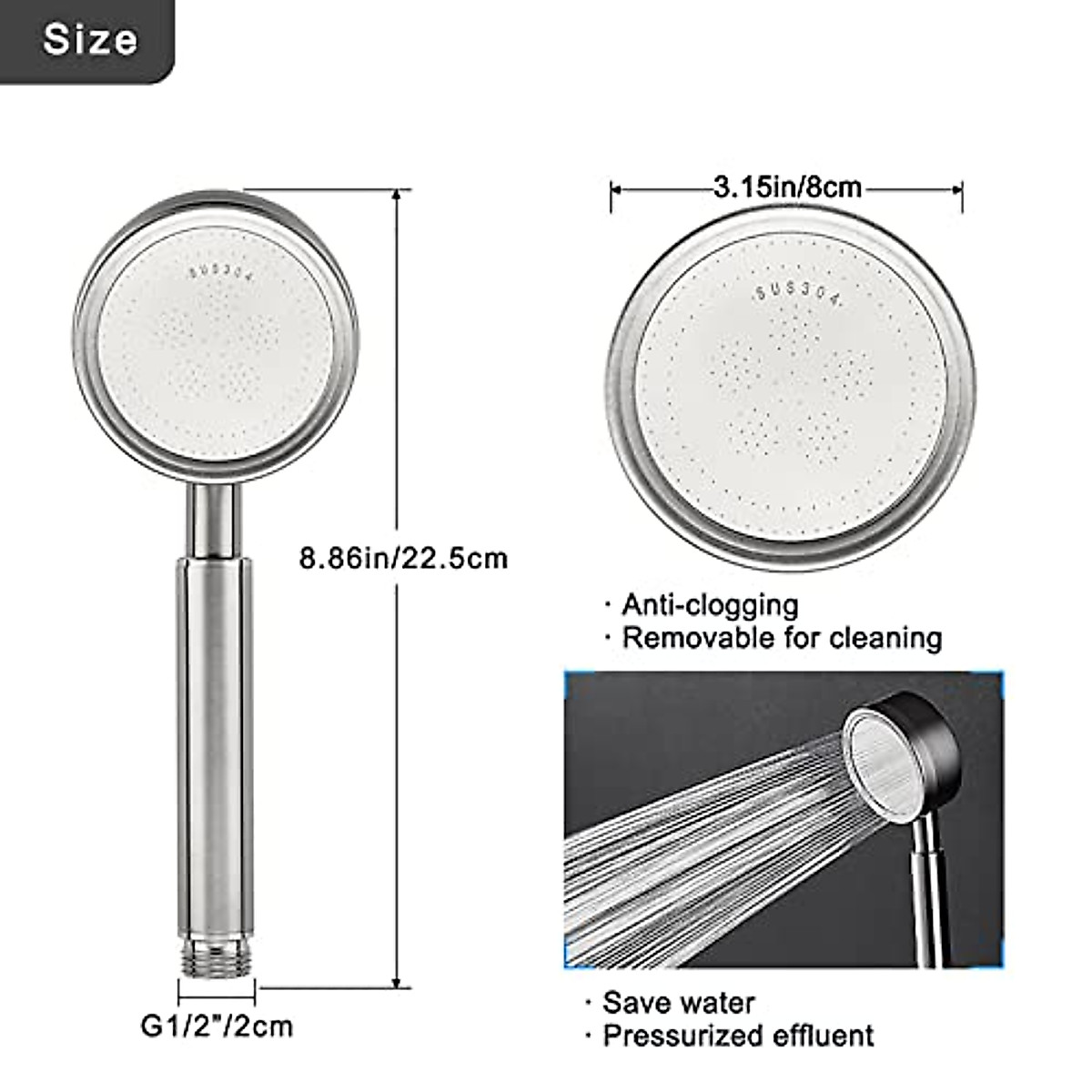 All Metal Shell Handheld Shower, Powerful Handheld Showerhead, OrangeFish Showerhead Replacement SUS304, Anti-Clog Hand Held Showerhead for the Ultimate Shower Experience (ONLY SHOWERHEAD)