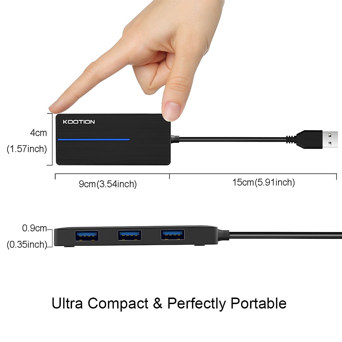 KOOTION 4-Port USB 3.0 Hub, Ultra-Slim Data Hub (5Gbps Transfer Speed) with LED Indicator for MacBook, Windows PC, Surface, Mobile HDD, Ultrabook, Flash Drive, Laptop (Black)