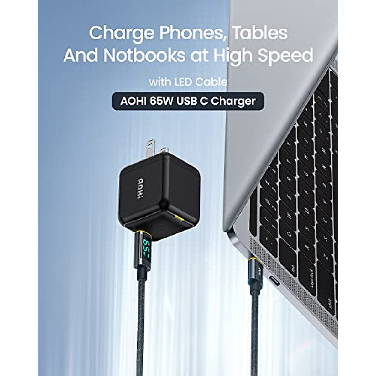 AOHI 65W PD USB C Charger, GaN+ Magcube Mini Fast Wall Charger Power Adapter with 4ft USB C to USB C LED Display Cable for Notebook MacBook Pro/Air, Galaxy S22/S21, iPhone 14/Plus/Pro Max/13/12, Black