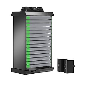 Snakebyte XBOX One Charge Tower Pro - Twin Docking Station with Games Tower for 15 Games, Charger and Battery Packs for 2 Controllers and 2 USB Ports / Gamepad for XBOX One USB Charging Station