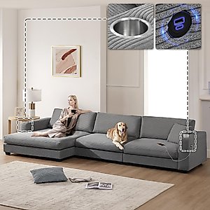 Modern Oversized Corduroy Sectional Sofa with USB Charging Port,Cup Holder, Deep Seat Couch Sleeper Bed with 50" Chaise, Gray