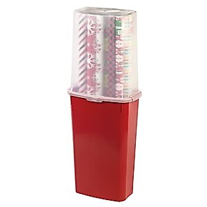 IRIS USA 40" Wrapping Paper Storage Container with Built-in Handles, 1 Pack, Fits up to 20 Rolls of Wrapping Paper, Holiday Storage-Bin, Vertical Christmas Birthday Gift Wrapping Organizer, Clear/Red