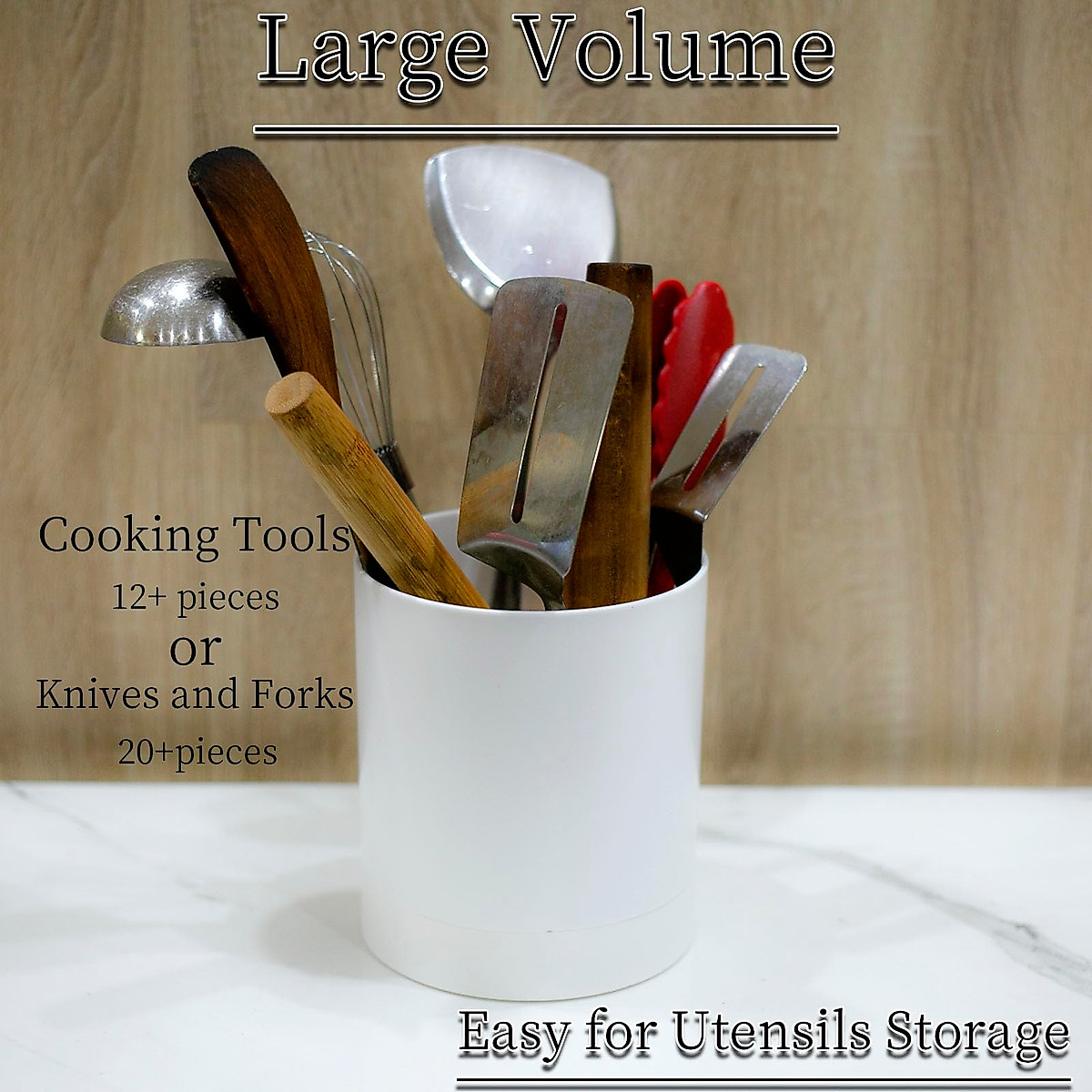 CrafArcher Large Kitchen Utensil Holder, 360° Rotating Plastic Utensil Caddy, Kitchen Countertop Utensil Kitchen Tools and Gadgets Organizer White 5.7" D x 6.5" H