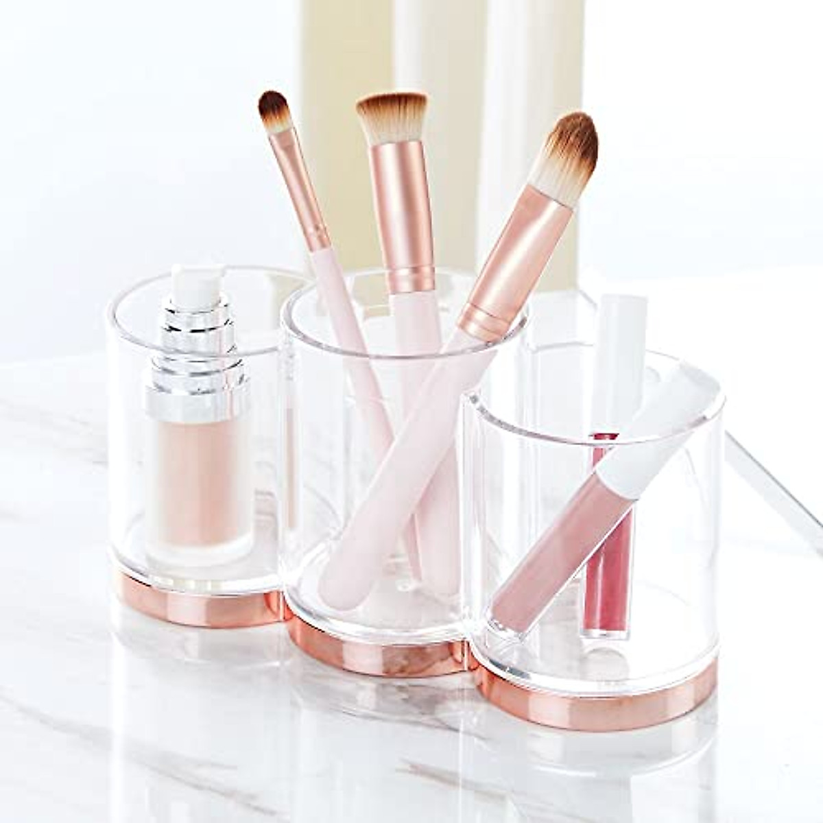 mDesign 3- Section Makeup Brush Organizer for Bathroom Vanity - Plastic Brush Holder for Makeup - Storage Cup for Eyeliner, Lipstick, Concealer - Cosmetic Holder, Lumiere Collection, Clear/Rose Gold