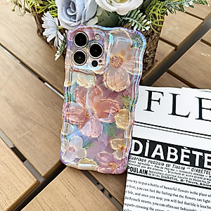 Sayoaho Compatible with iPhone 13 Pro Max Case for Women, Cute Curly Wave Frame Shape, Colorful Retro Oil Painting Flower Laser Beam Glossy Pattern, Compatible with iPhone 13 Pro Max, Pink