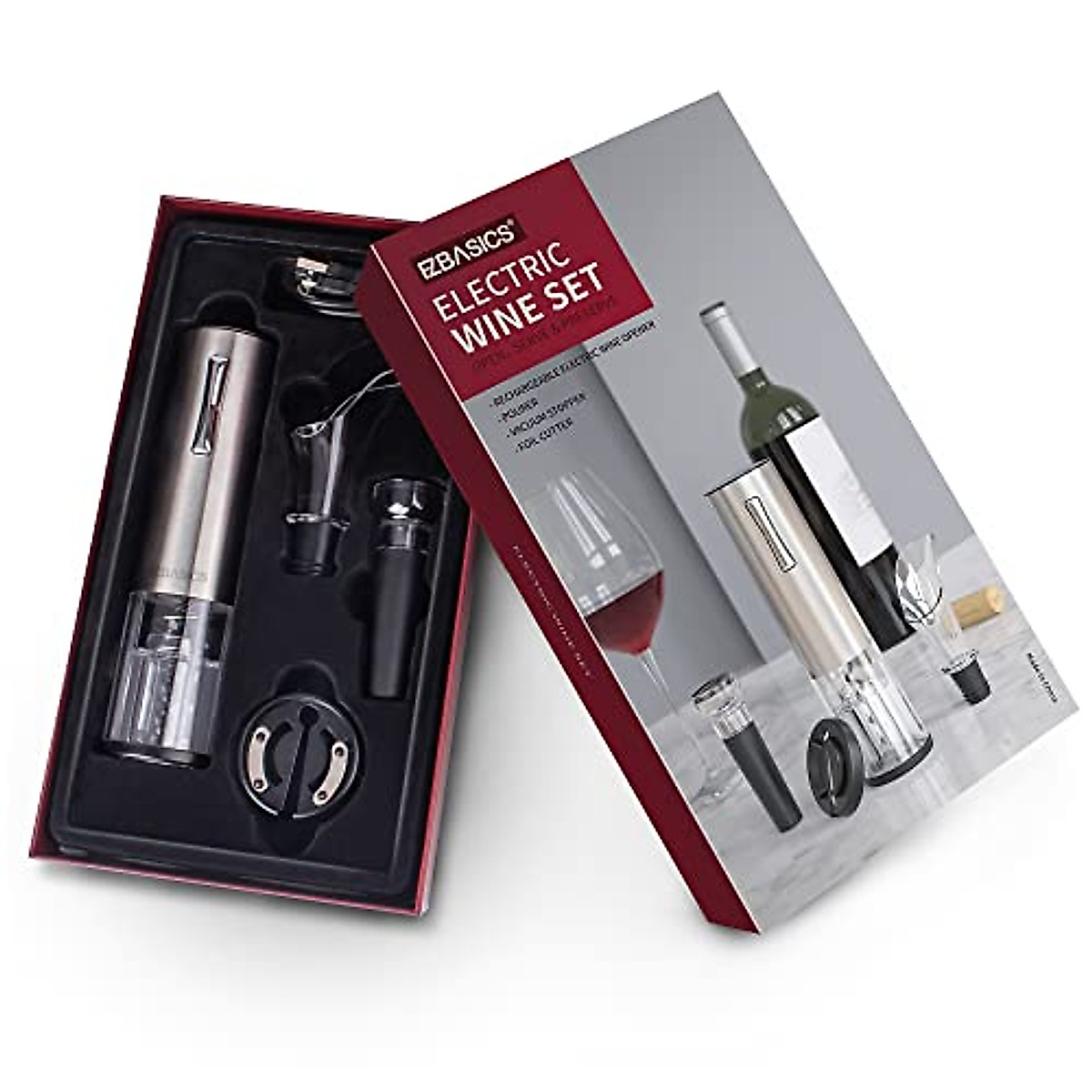 Electric Wine Opener, EZBASICS Automatic Wine Bottle Opener Set with Foil Cutter Vacuum Stopper and Wine Aerator Pourer for Wine Lovers Gift Home Kitchen Party Bar Wedding Rechargeable, Silver