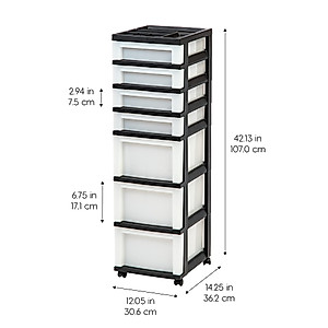 IRIS USA Plastic Drawer Storage Organizer Rolling Cart, with Wheels Casters, 7-Drawers, for Classroom Art Craft Supplies Dresser Closet Bathroom Dorm Bedroom Laundry Room, Black/Pearl