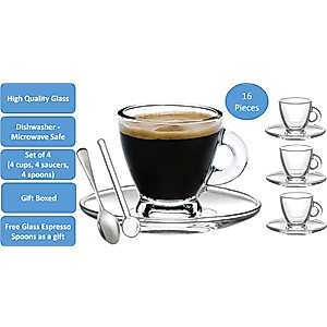 BOHEM'S Espresso Cups, 3.2 oz Small Demitasse Clear Glass Espresso Drinkware, Set Of Cups, Saucers and Stainless Steel mini Spoons + Free Glass Spoons (set of 4)